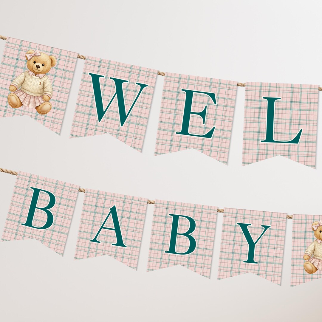 Pink Plaid Teddy Bear Baby Shower Bunting Banner, Preppy Teddy Bear ...