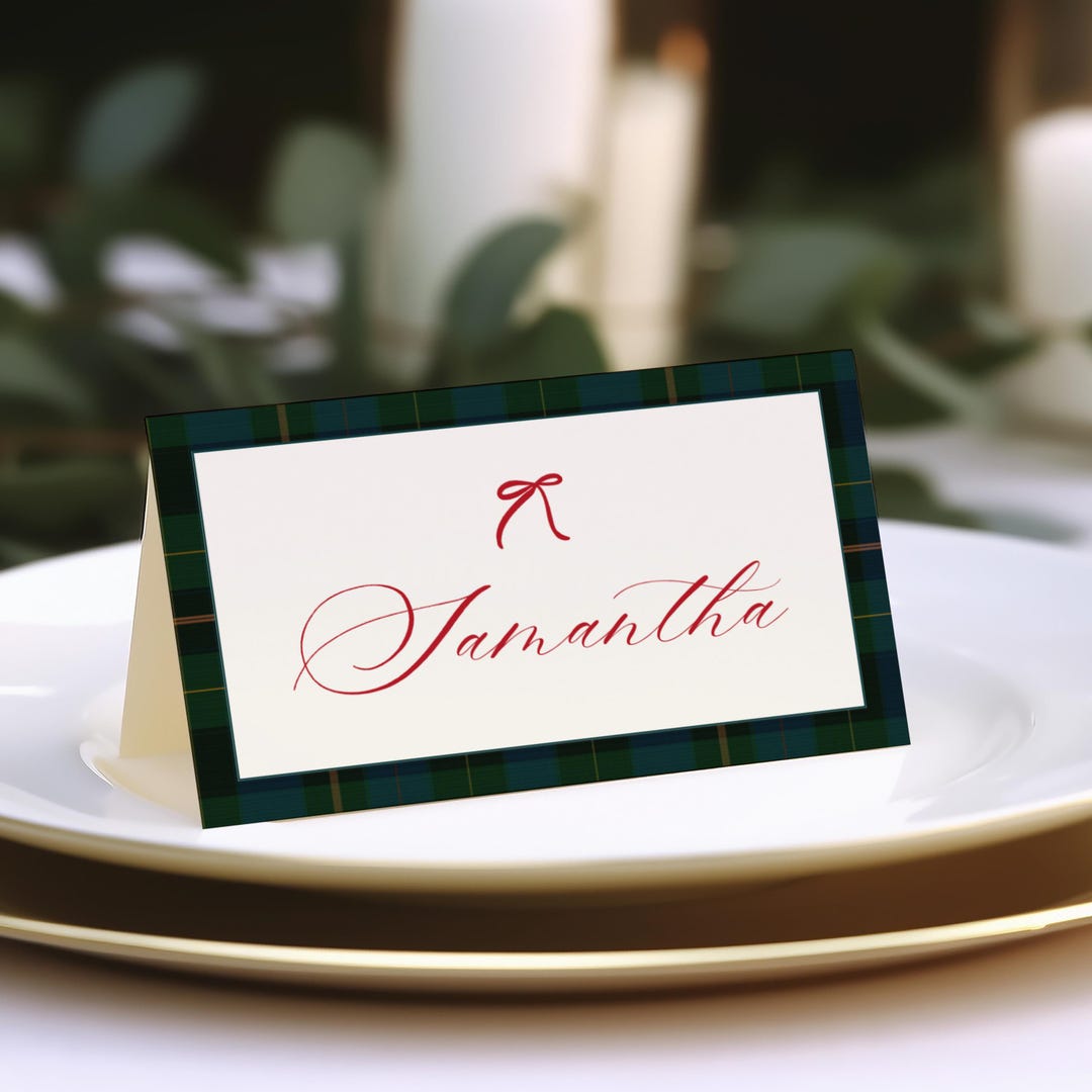 Christmas Place Cards, Elegant Holiday Dinner Food Labels, Tartan Plaid ...