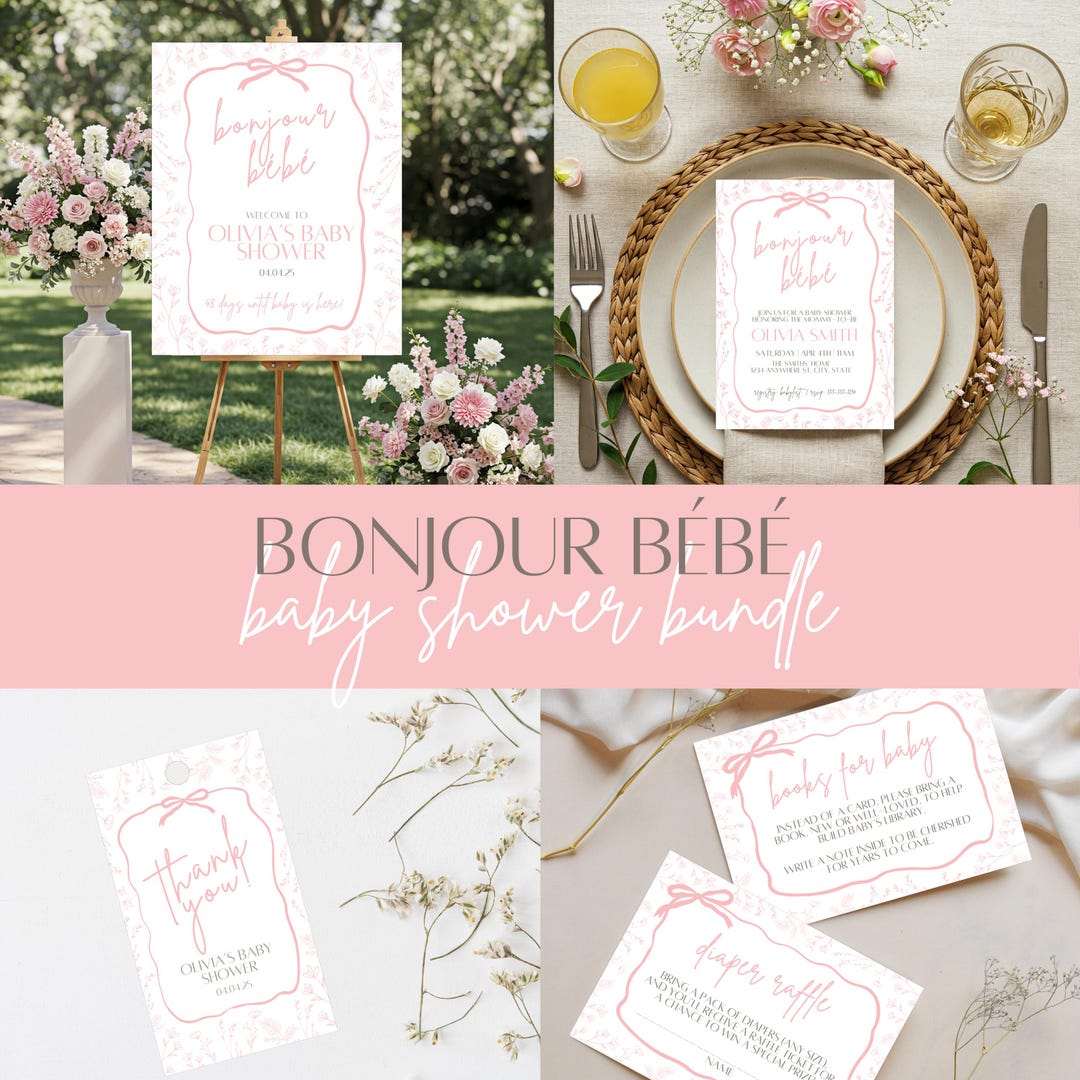 Bonjour Bebe Baby Shower Pink Invite Bundle, Cafe Bebe Baby Brunch ...