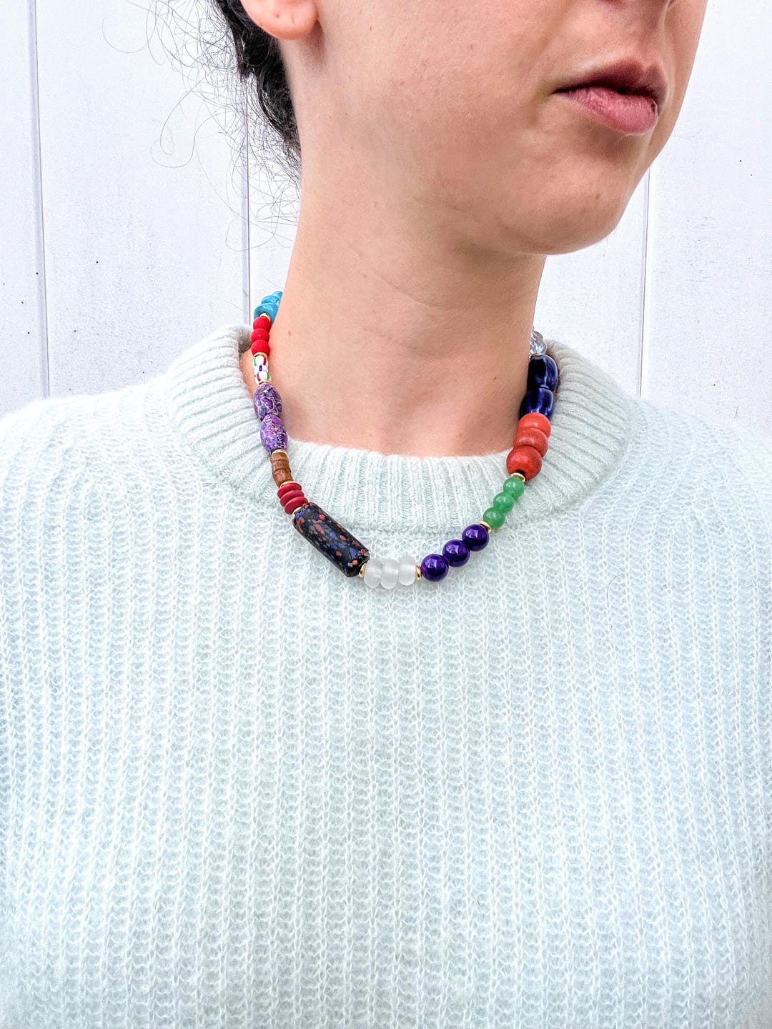 Colorful Beaded Stretchy Necklace: Vintage Ceramic Lucite No Clasp ...