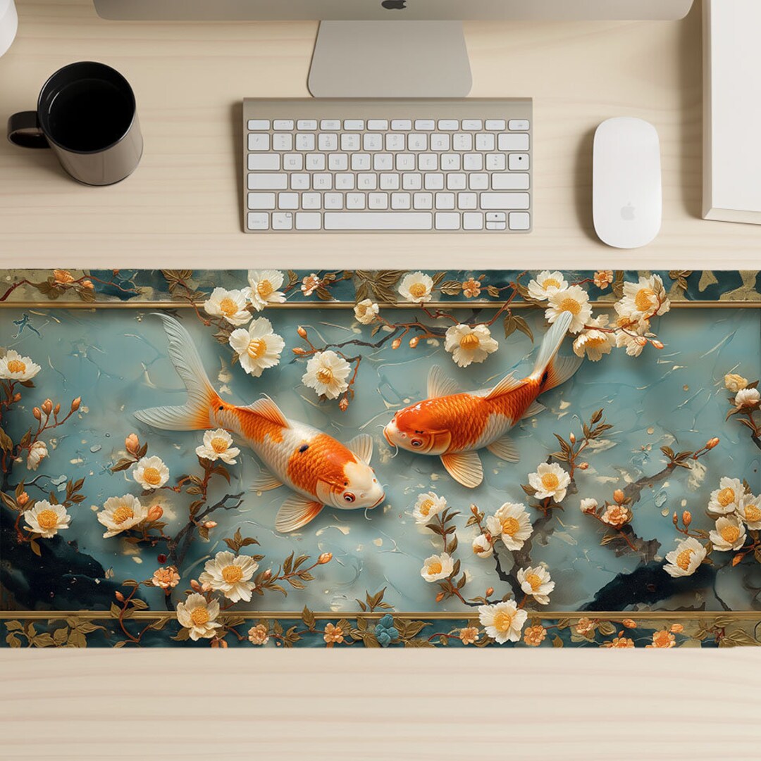 Koi Fish Gaming Mouse Pad, Goldfish Pond Mousepad, Chinese Art Extended ...