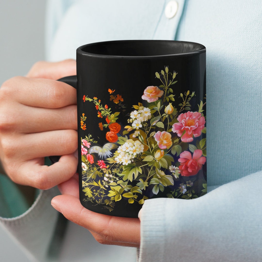English Rose Garden Coffee Mug, 11oz 15oz, Baroque Style Black Ceramic ...