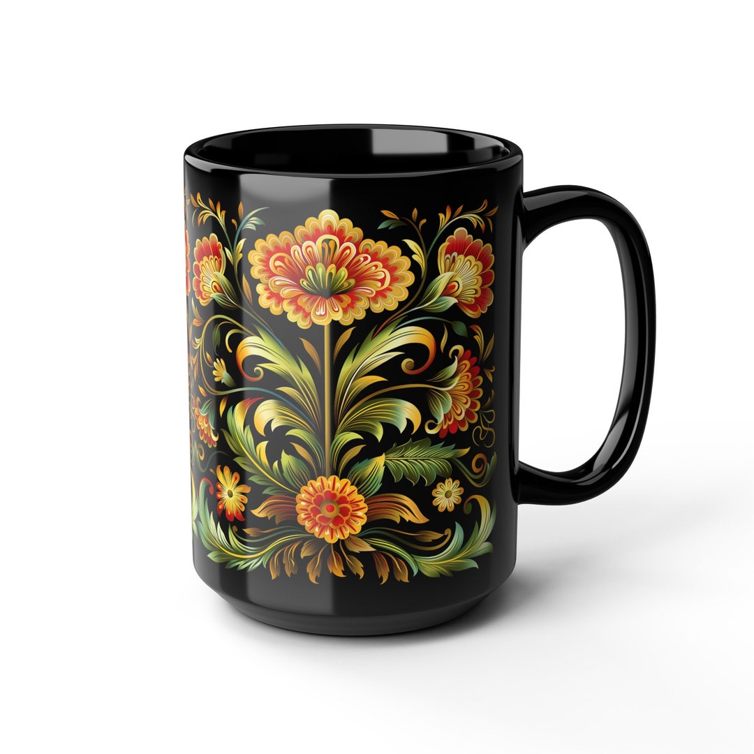 Khokhloma Floral Coffee Mug, Russian Folklore Art, Black Ceramic Tea ...