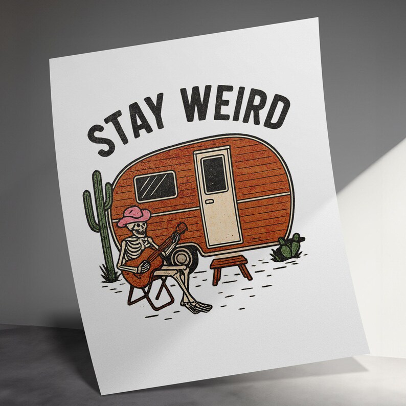 Digital Stay Weird Clipart, Retro Camper Van Png, Skeleton Guitarist ...
