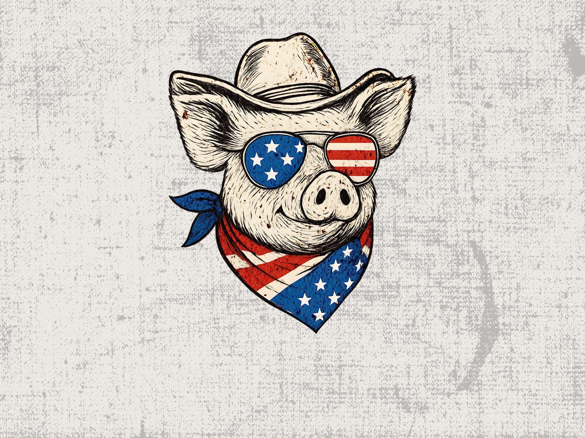 Digital Vintage Western Clipart PNG, Patriotic Pig Sublimation, Cowboy ...