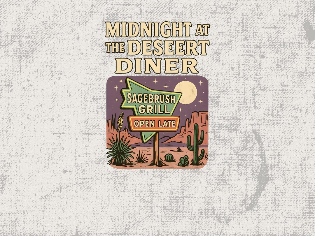 Midnight at the Desert Diner Retro PNG, Vintage Western Road Trip Sign ...