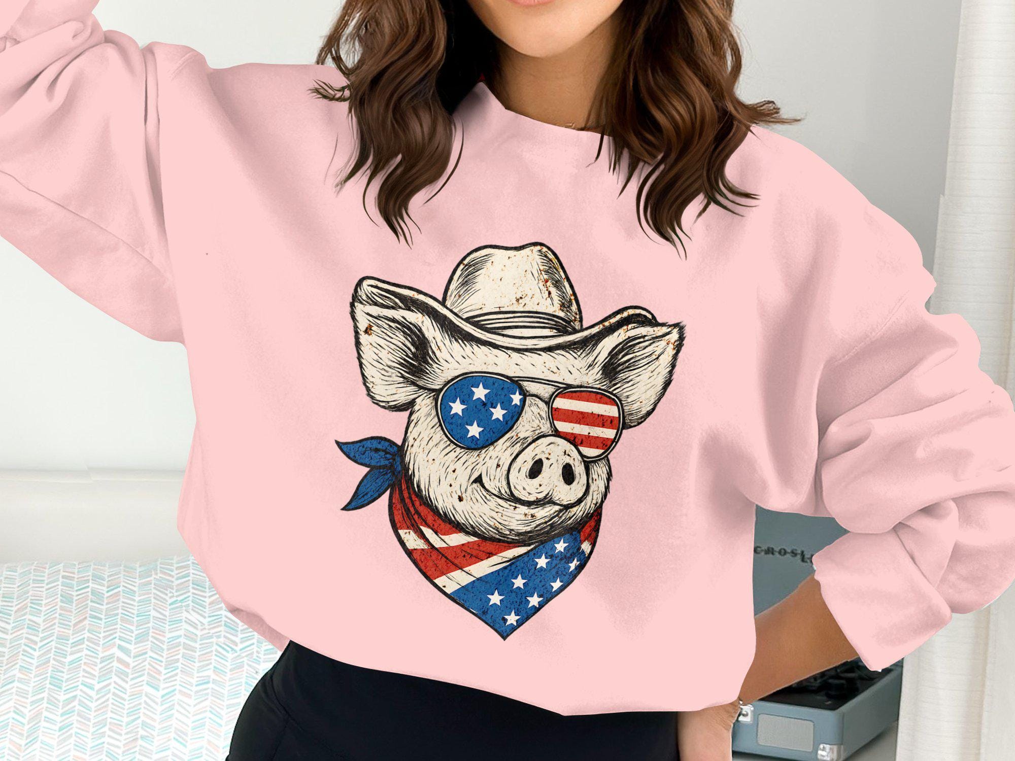 Digital Vintage Western Clipart PNG, Patriotic Pig Sublimation, Cowboy ...