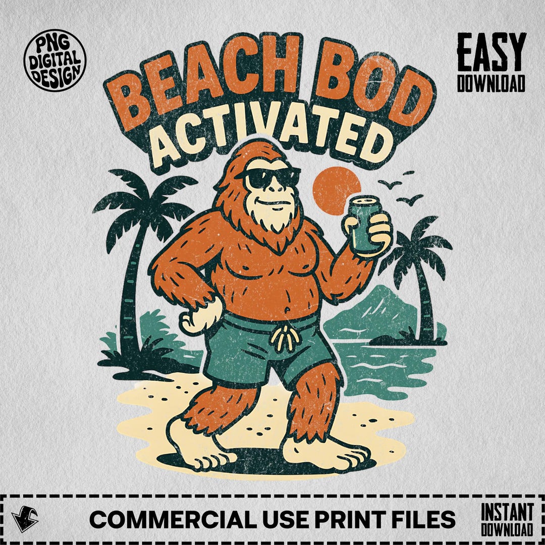 Beach Bod Bigfoot Clipart, Summer Vibes PNG, Retro Sasquatch Design ...