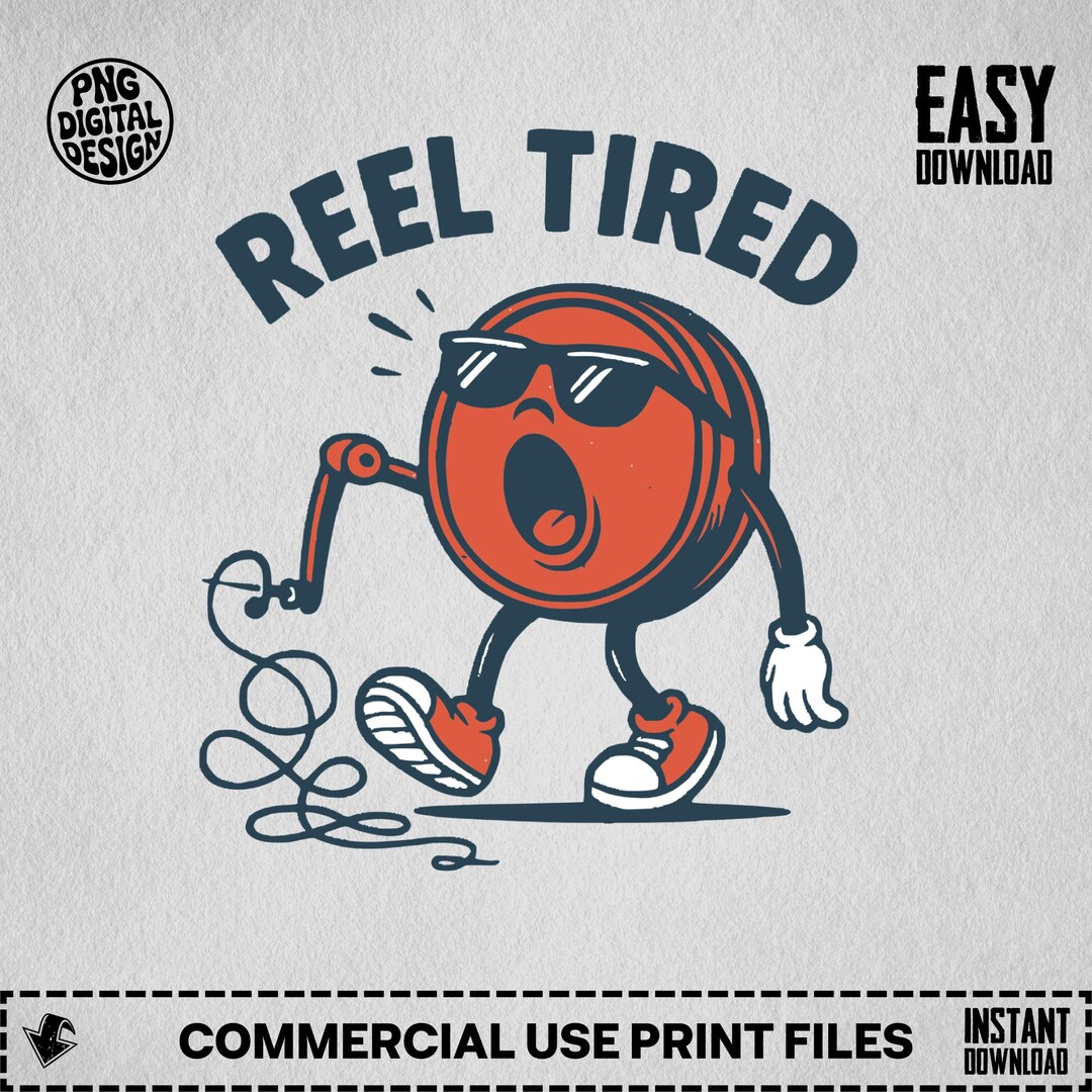 Reel Tired Clipart PNG, Funny Fishing Pun, Vintage Cartoon, Fisherman ...