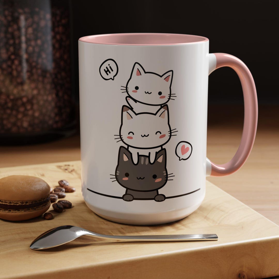 Pink & White Cat Mug - Stack of Cute Kittens Saying Hi With a Heart ...