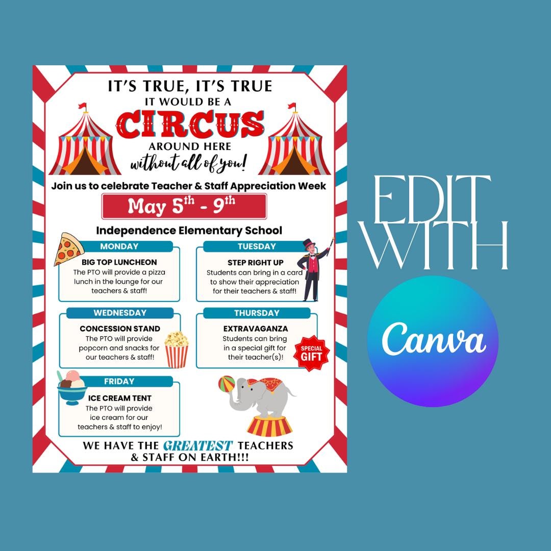 Teacher Appreciation Week Flyer - Circus Theme Flyer - Digital Editable ...