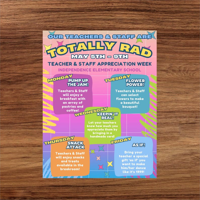 Teacher Appreciation Week Flyer - Totally Rad 90's 80's Teacher ...