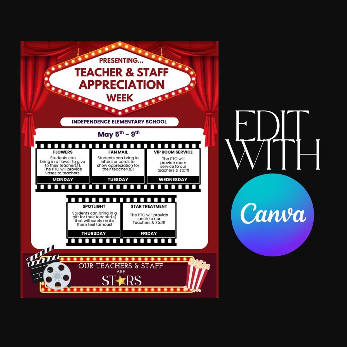 Teacher Appreciation Week Flyer - Hollywood Star Theme Flyer - Digital ...