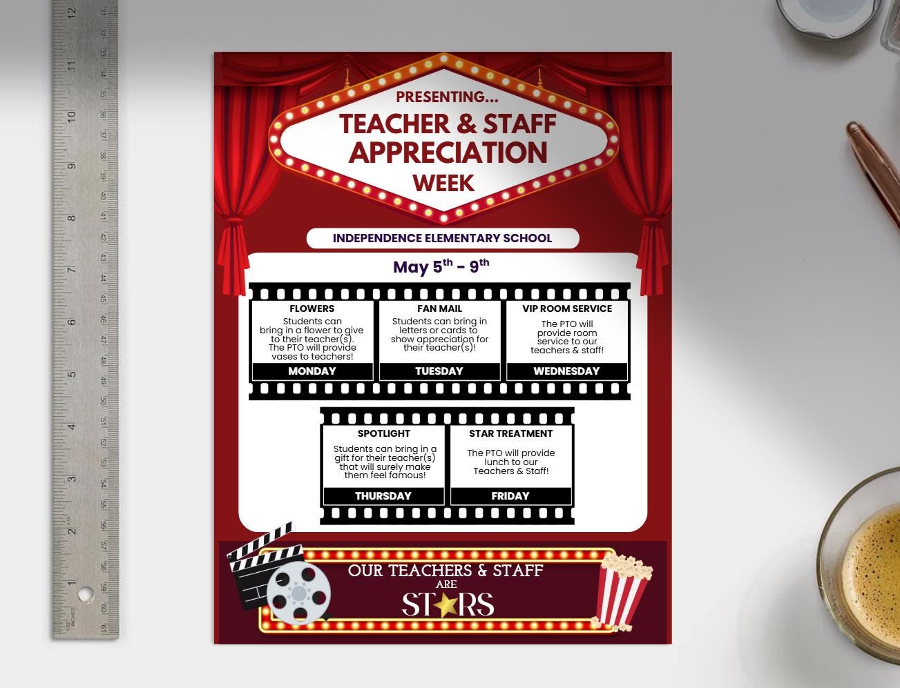 Teacher Appreciation Week Flyer - Hollywood Star Theme Flyer - Digital ...