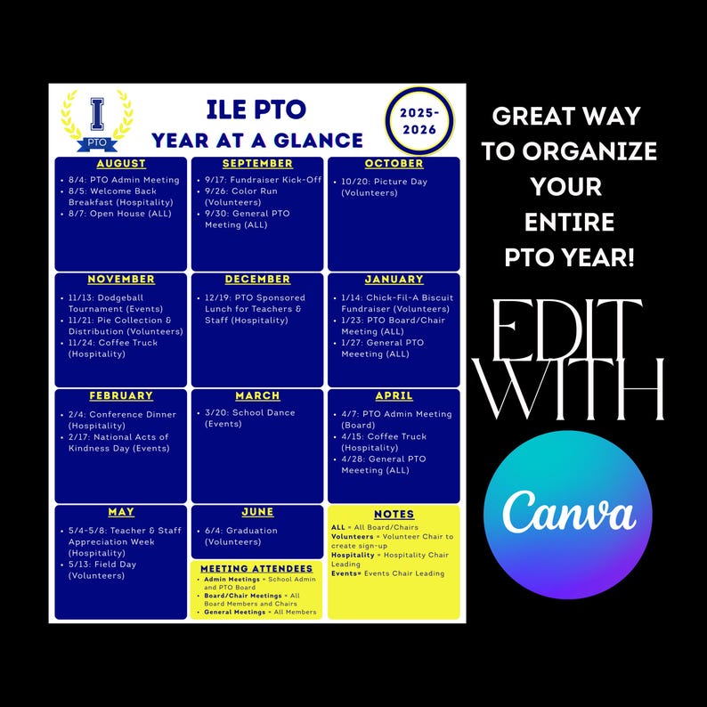 PTO PTA School Year Planner Organizer for Year - PTO Year at a Glance ...