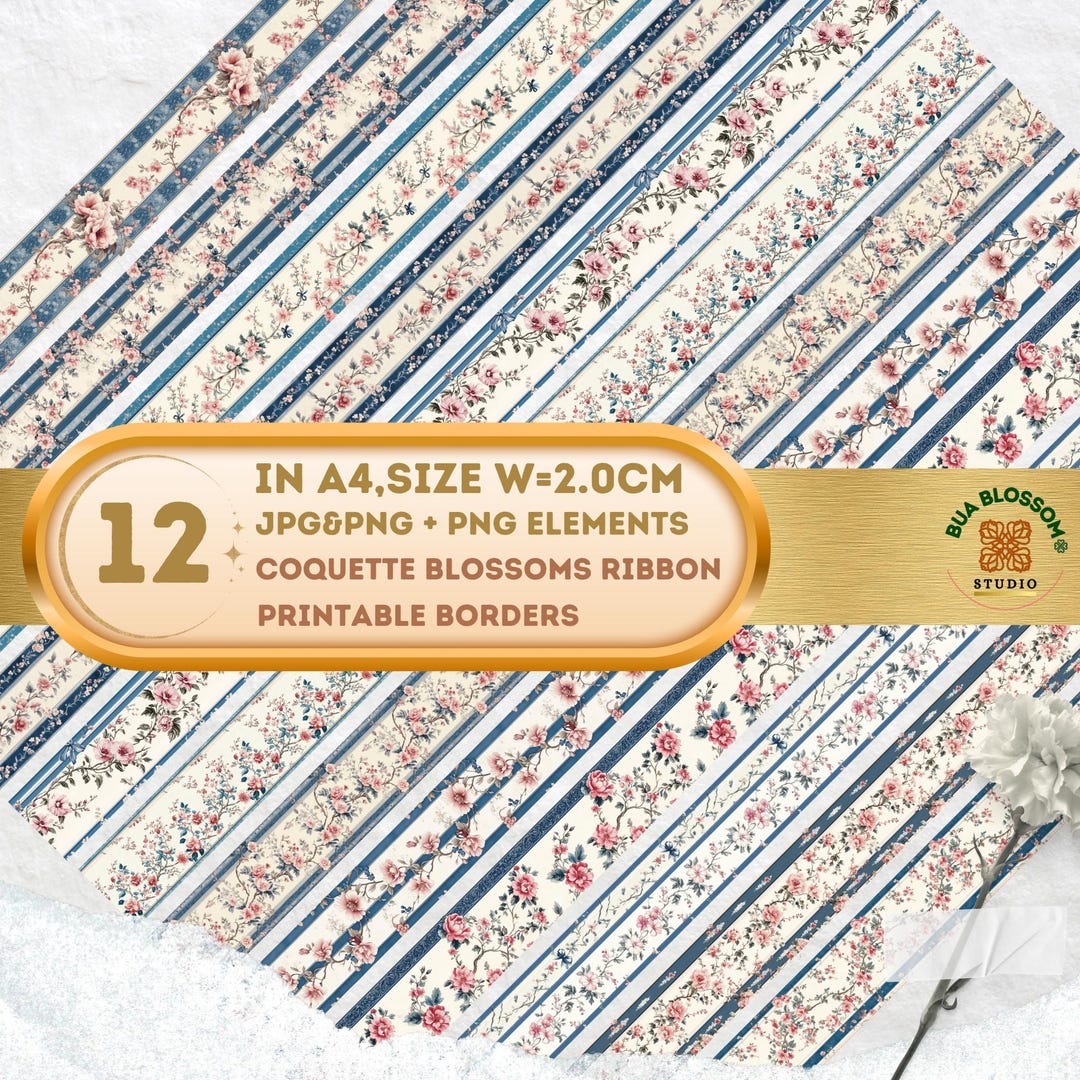 Blue Coquette Floral Ribbon Borders, Chinoiserie Lace Washi Strips ...