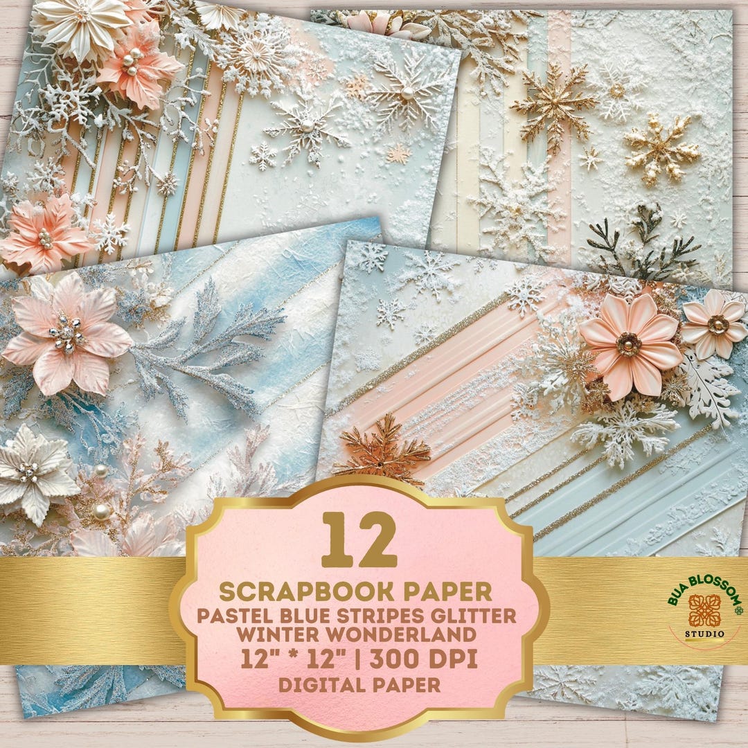 Blue Winter Plaid Digital Paper, Snowflake Floral Christmas Backgrounds ...