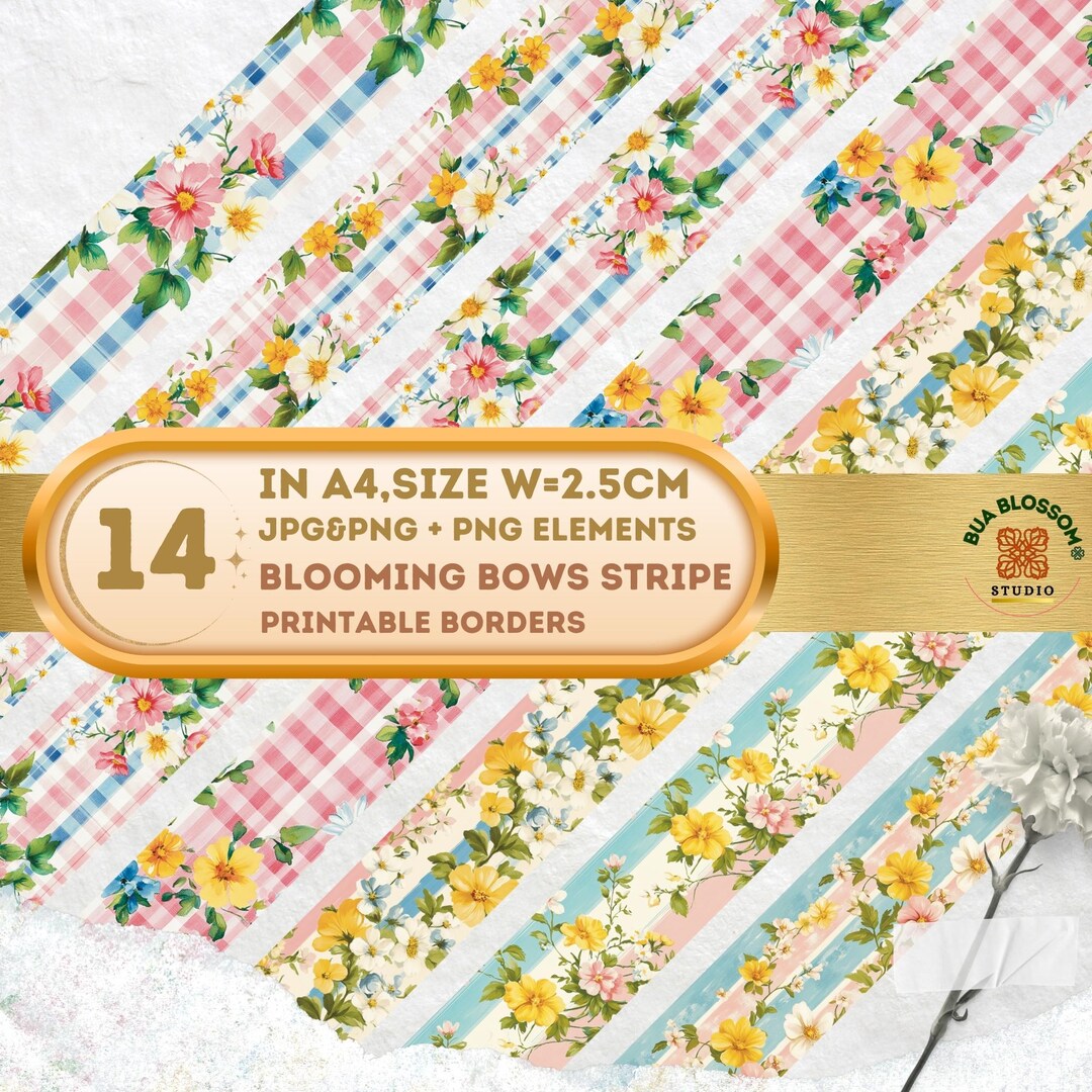 Blooming Bows Stripe Printable Borders, Meadow Flower Plaid Washi Tape ...