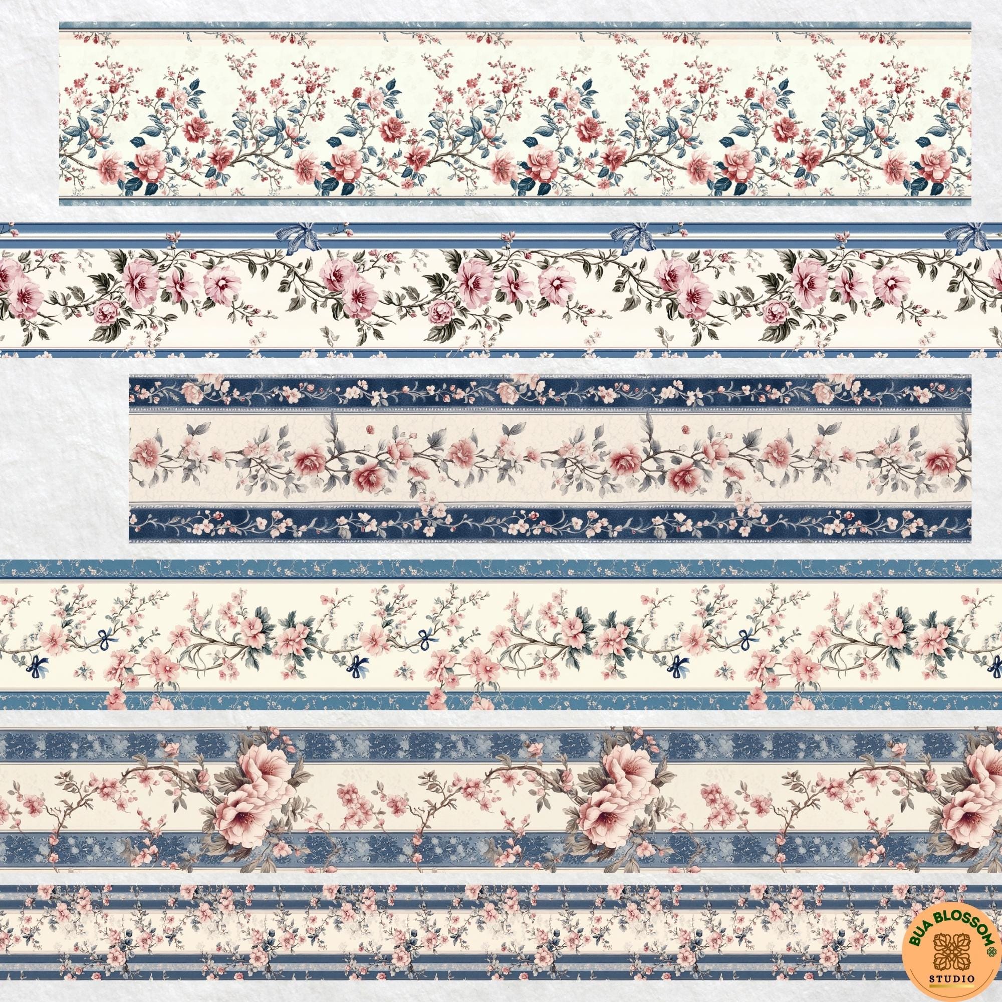 Blue Vintage Chinoiserie Lace Border, Floral Stripe Border for ...