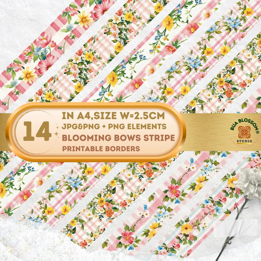 Blooming Bows Stripe Printable Borders, Meadow Flower Plaid Washi Tape ...
