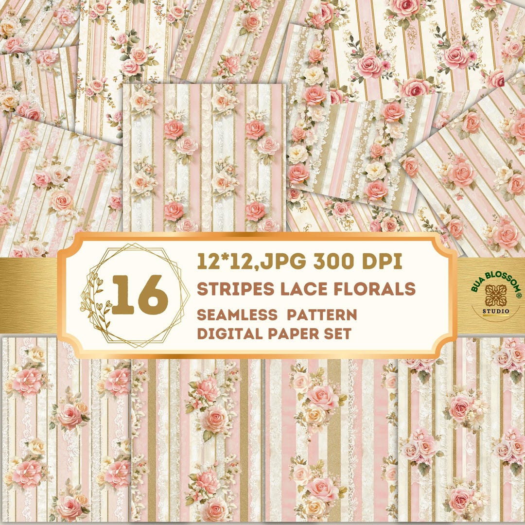 Coquette Bow Rose Seamless Patterns, Floral Lace Stripes Seamless Paper ...