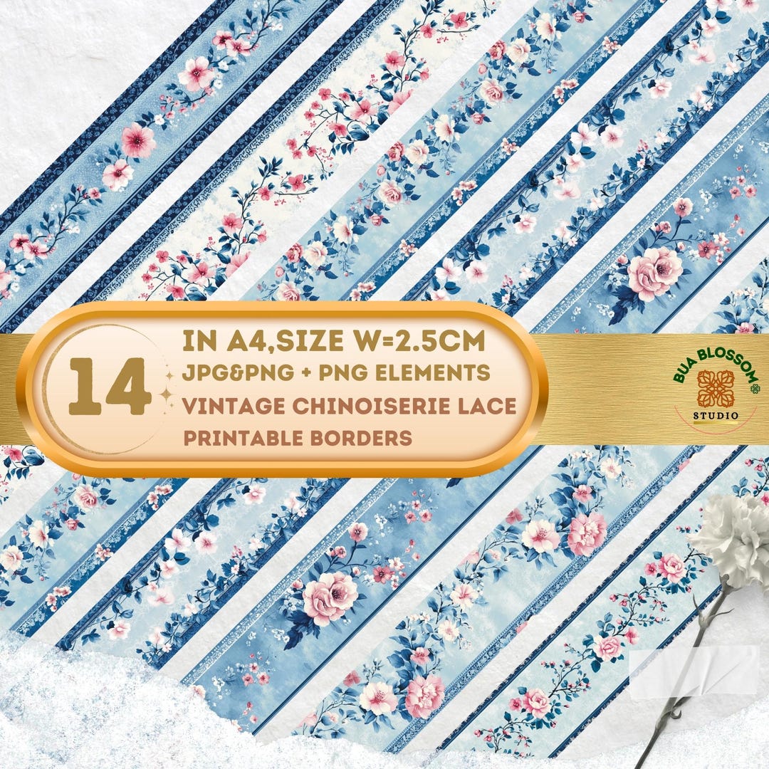 Blue Chinoiserie Floral Lace Borders, Vintage Rose Washi Tape, Flower ...