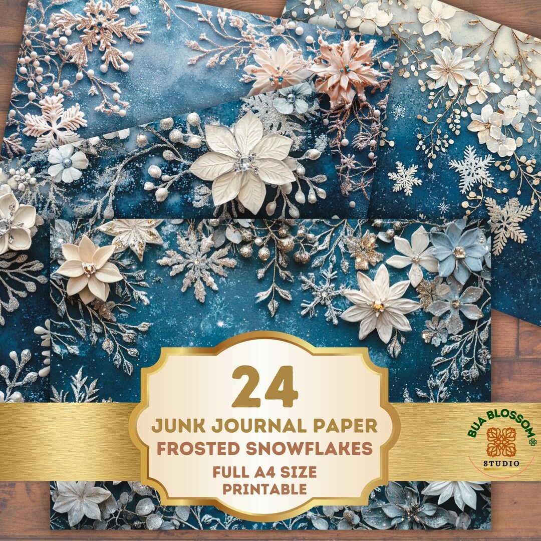Frosted Snowflakes Junk Journal Pages, A4 Printable Winter Paper, Blue ...