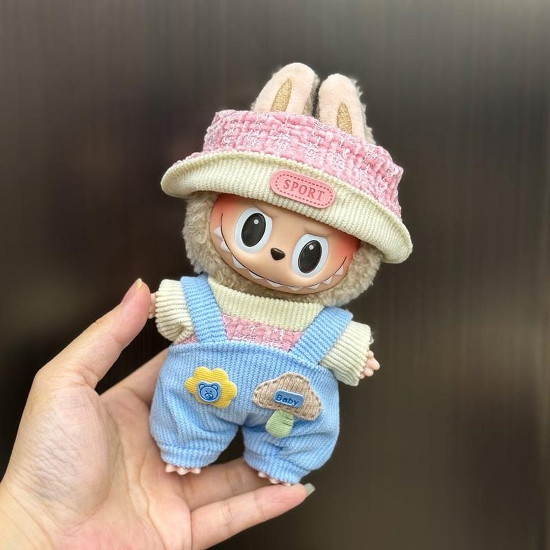 Labubu Outfit – Pink Knit Hat Blue Overalls With Mushroom & Bear, Cute ...