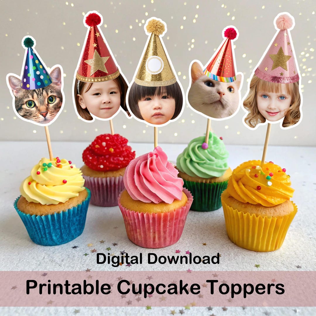 Custom Party Hat Face Cupcake Toppers | Personalized Digital Printable ...