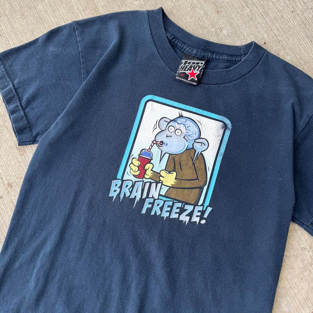 Vintage Top Heavy Funny Monkey Brain Freeze Navy Blue Y2K Graphic T ...