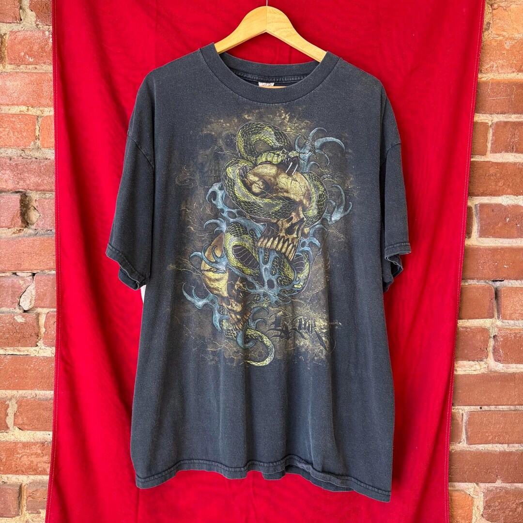 Vintage 2000s Y2K Snake and Skull Graphic Sun Faded Black T-shirt 2XL ...