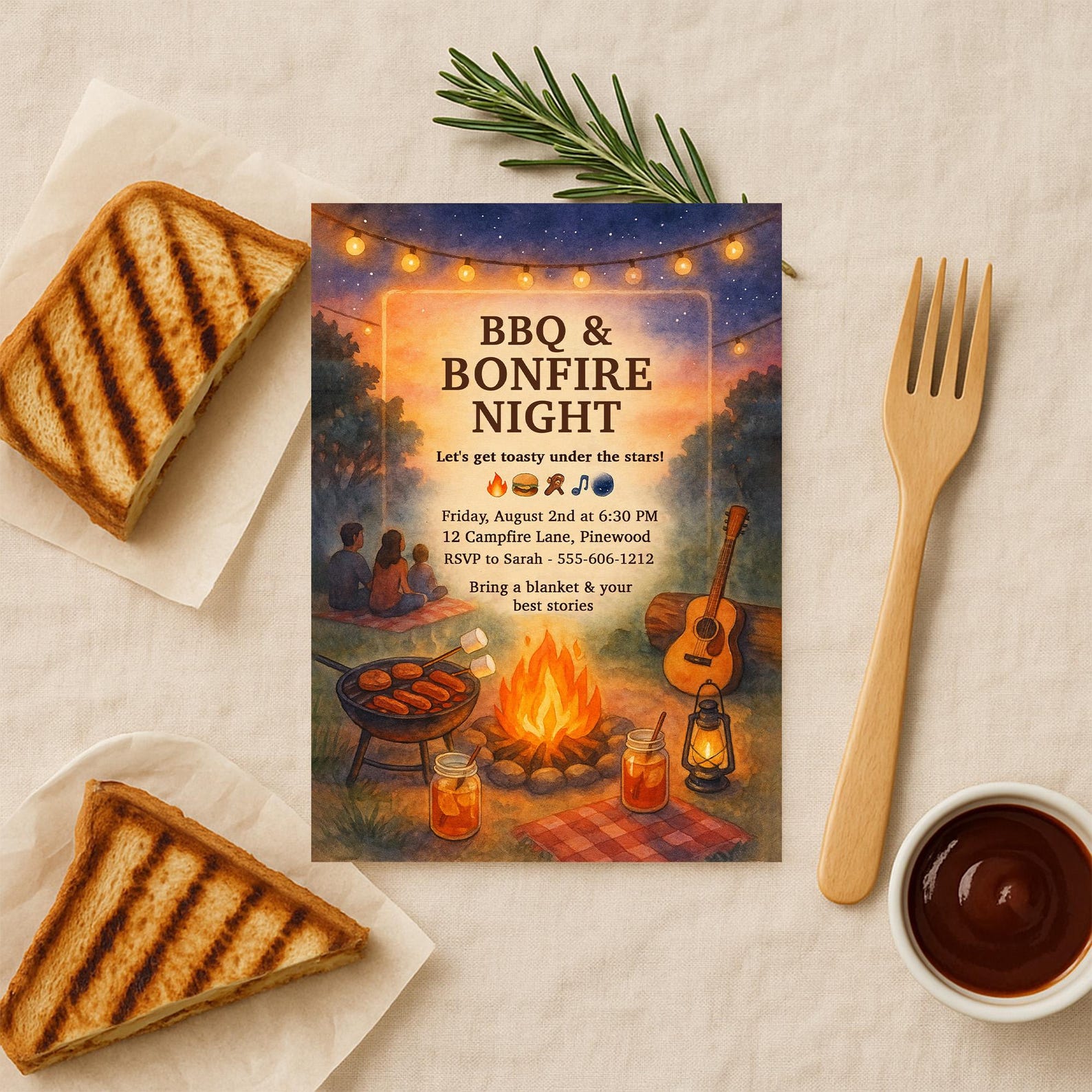 Custom Bonfire Birthday Invitation: Watercolor S'mores Party (PDF ...
