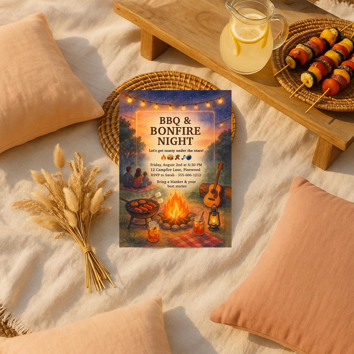 Custom Bonfire Birthday Invitation: Watercolor S'mores Party (PDF ...