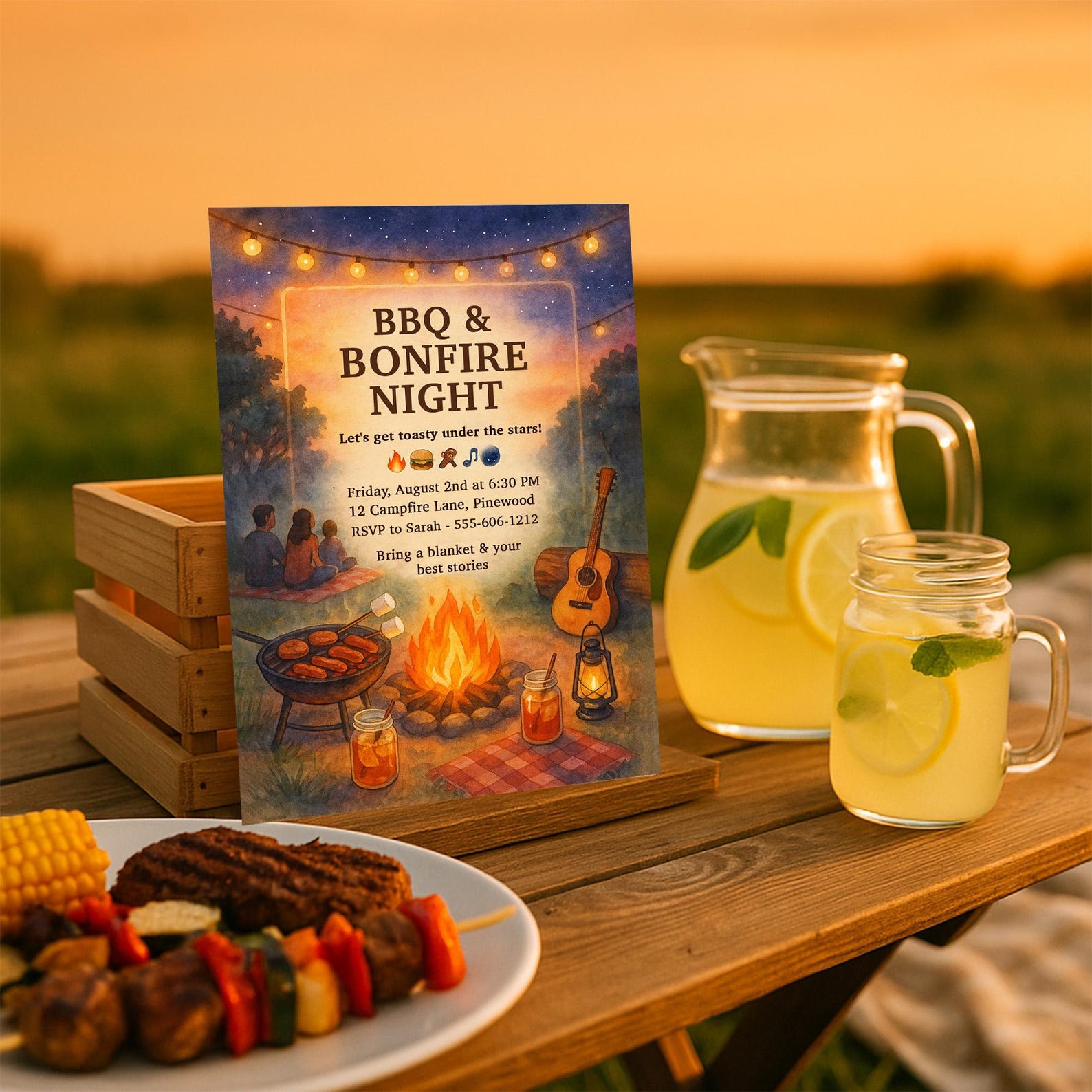 Custom Bonfire Birthday Invitation: Watercolor S'mores Party (PDF ...