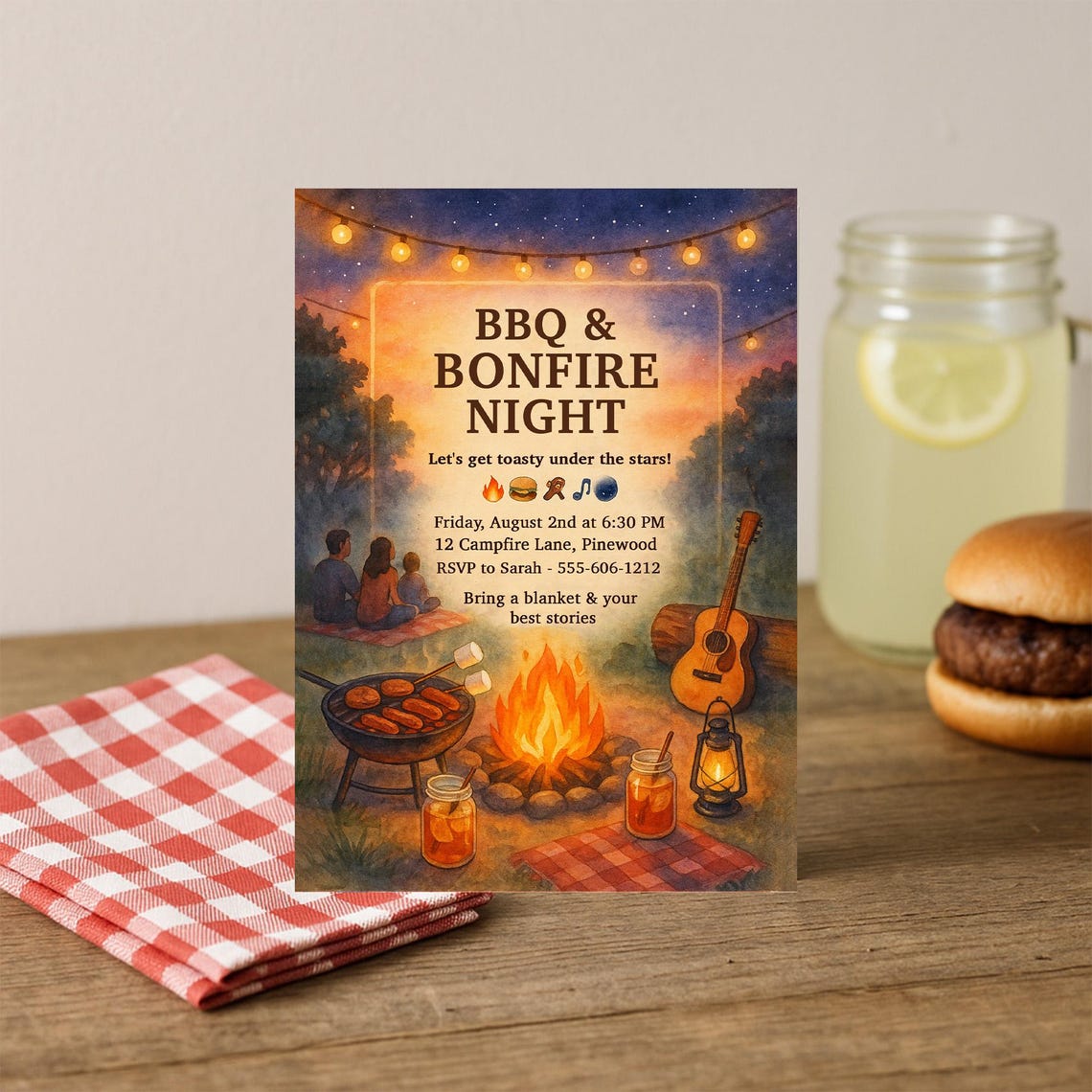 Custom Bonfire Birthday Invitation: Watercolor S'mores Party (PDF ...