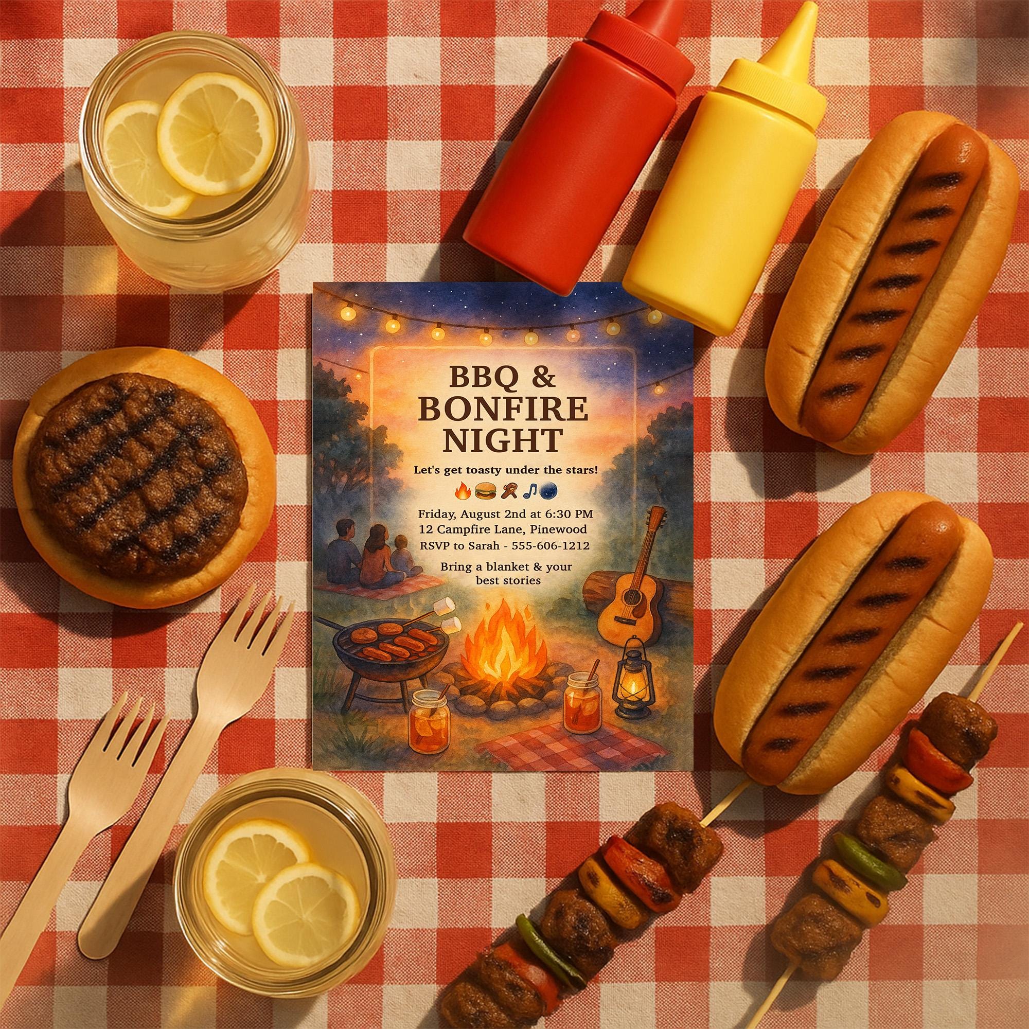 Custom Bonfire Birthday Invitation: Watercolor S'mores Party (PDF ...
