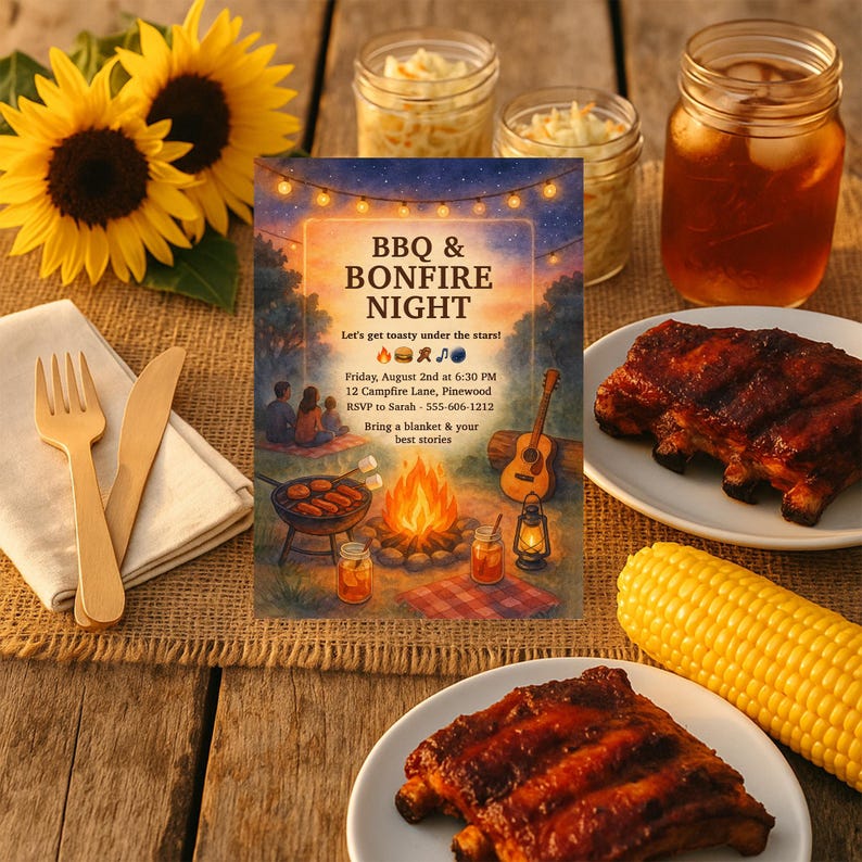 Custom Bonfire Birthday Invitation: Watercolor S'mores Party (PDF ...