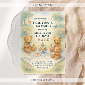 Teddy Bear Tea Party Invitation: Girl's 5th Birthday, Printable PDF ...