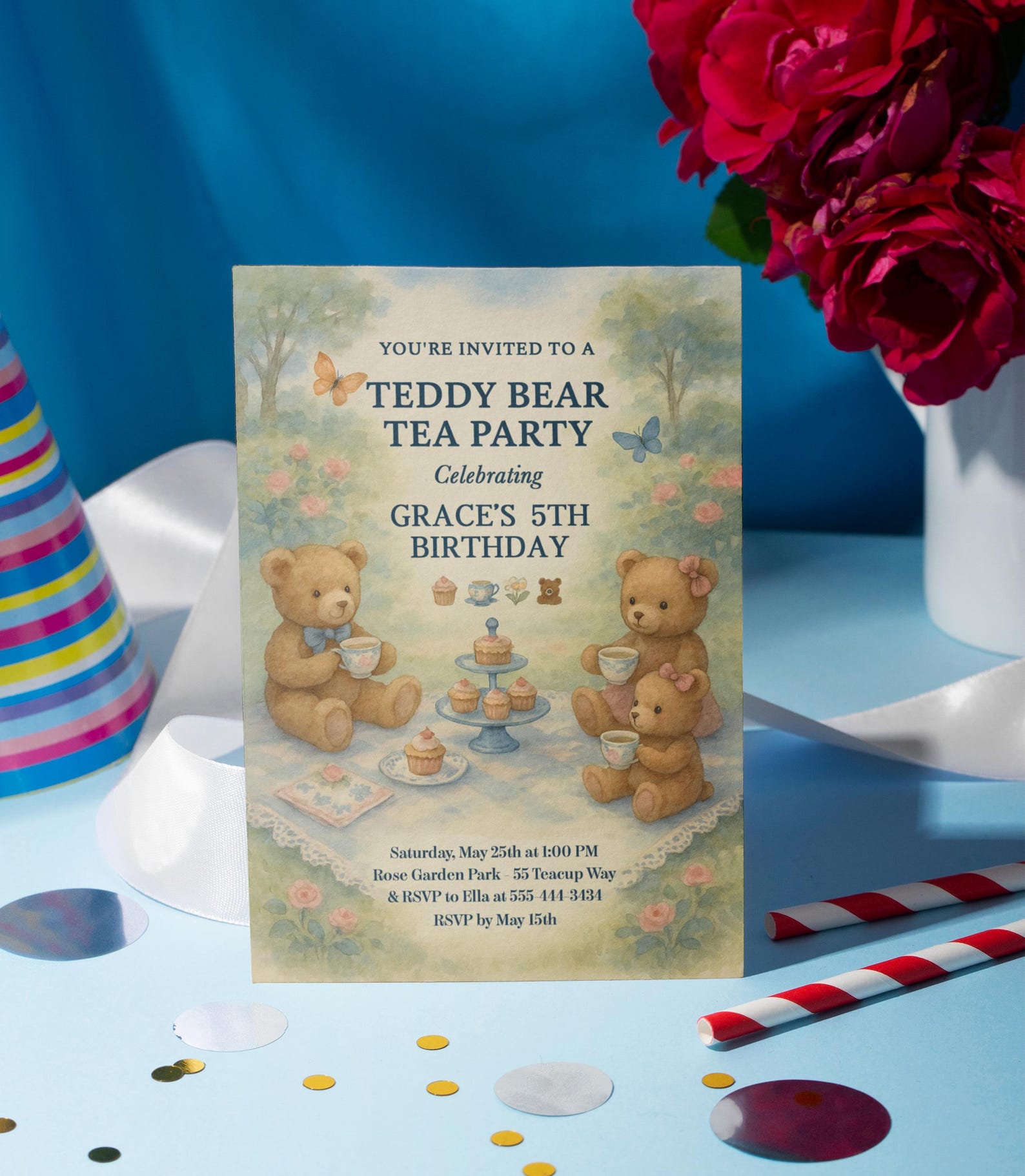 Teddy Bear Tea Party Invitation: Girl's 5th Birthday, Printable PDF ...