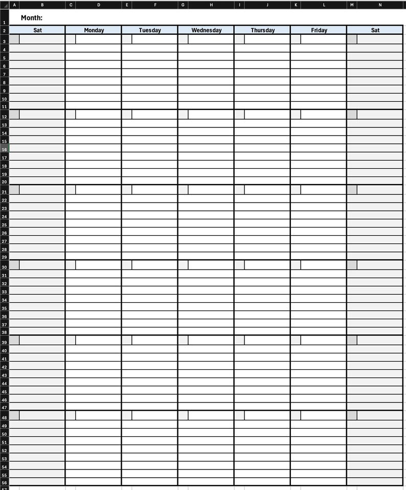 Basic Work Week Printable Excel Calendar (no Formula) - Etsy