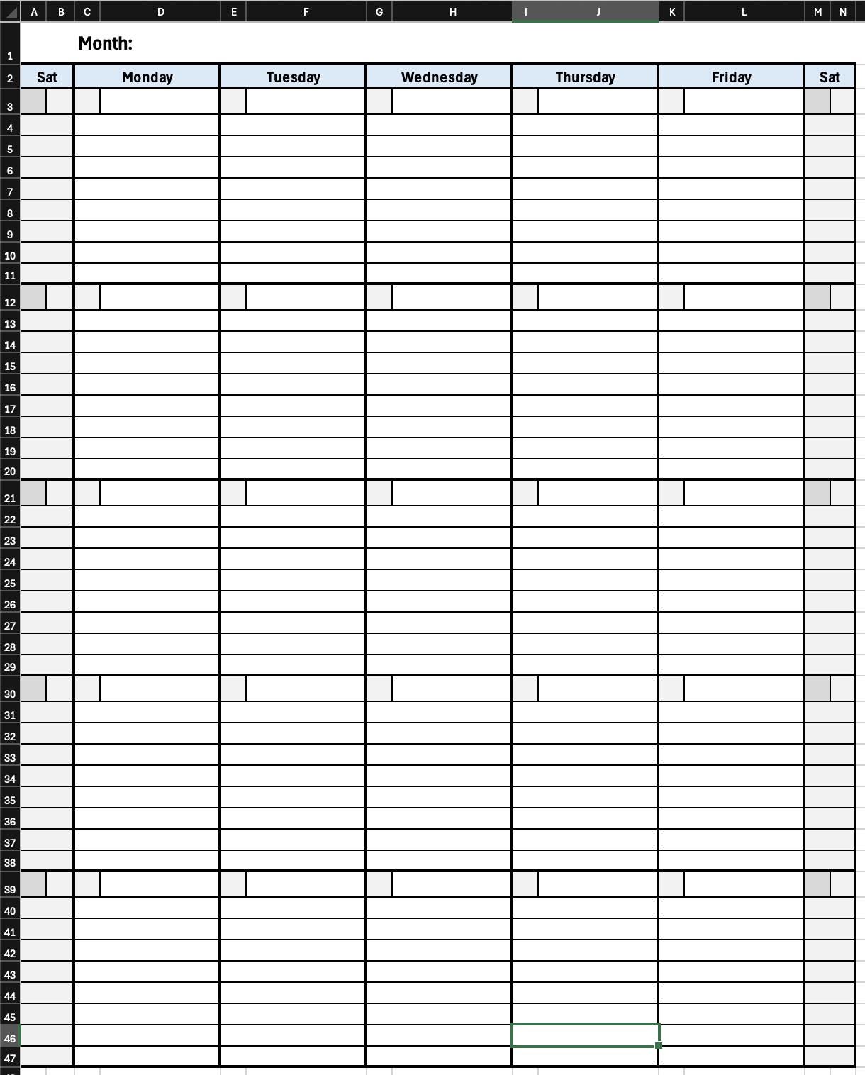 Basic Work Week Printable Excel Calendar (no Formula) - Etsy