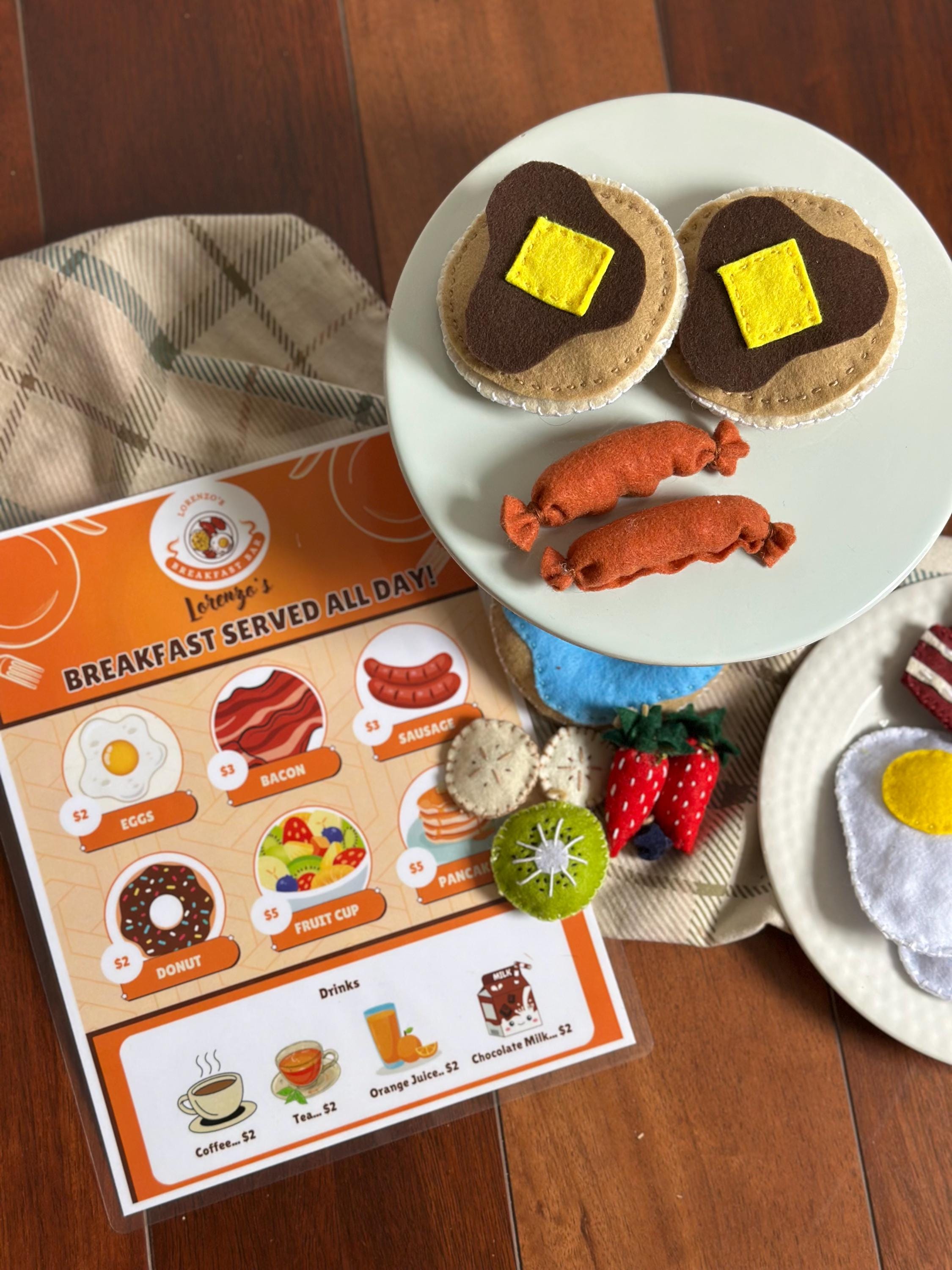 Felt Breakfast Play Food Set – Pancakes, Eggs, Bacon, Sausage, Donut ...