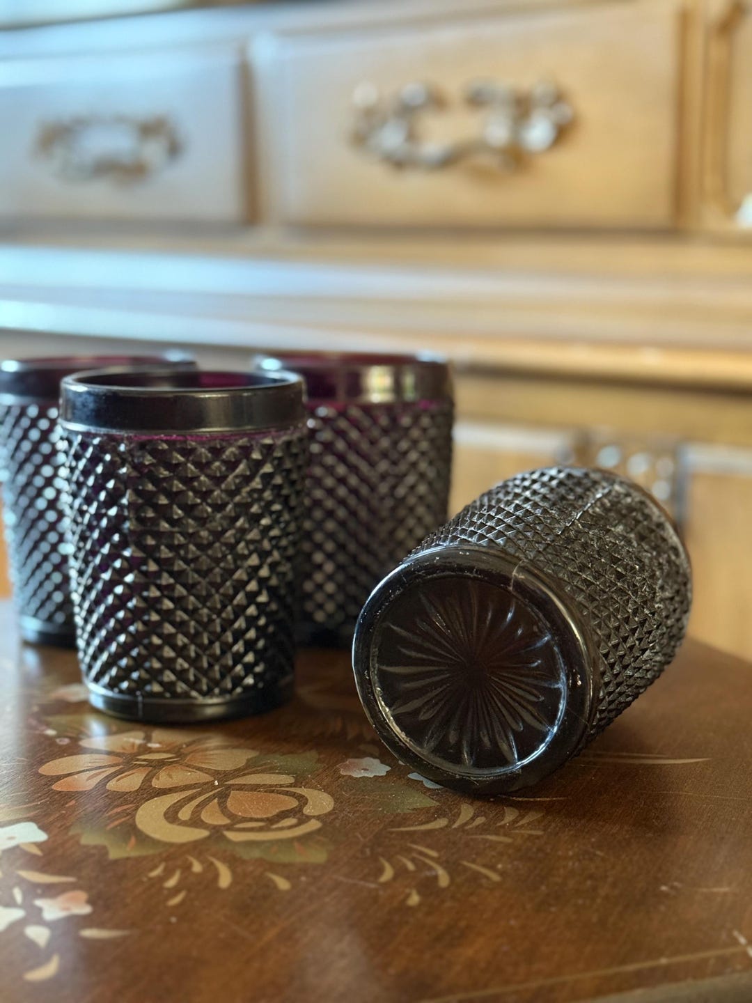 Vintage Plum Diamond Point Glasses – Heavy Pressed Glass Tumblers – Mid ...