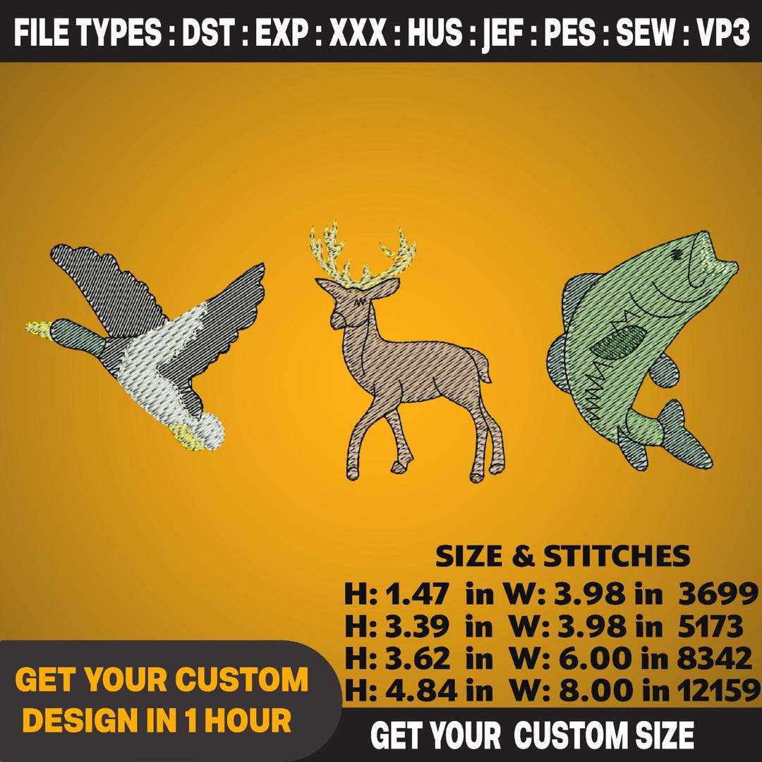 Hunting Fishing Embroidery Design | Deer Duck Fish Single File ...