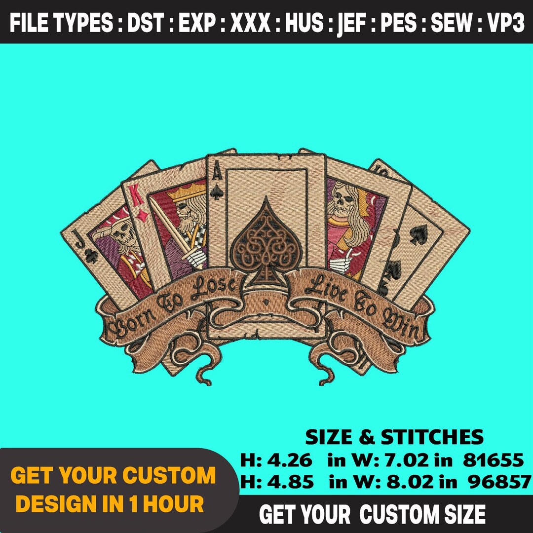 Skull Playing Cards Embroidery Design: Gothic Tattoo Art (5x7, 8x8) DST ...