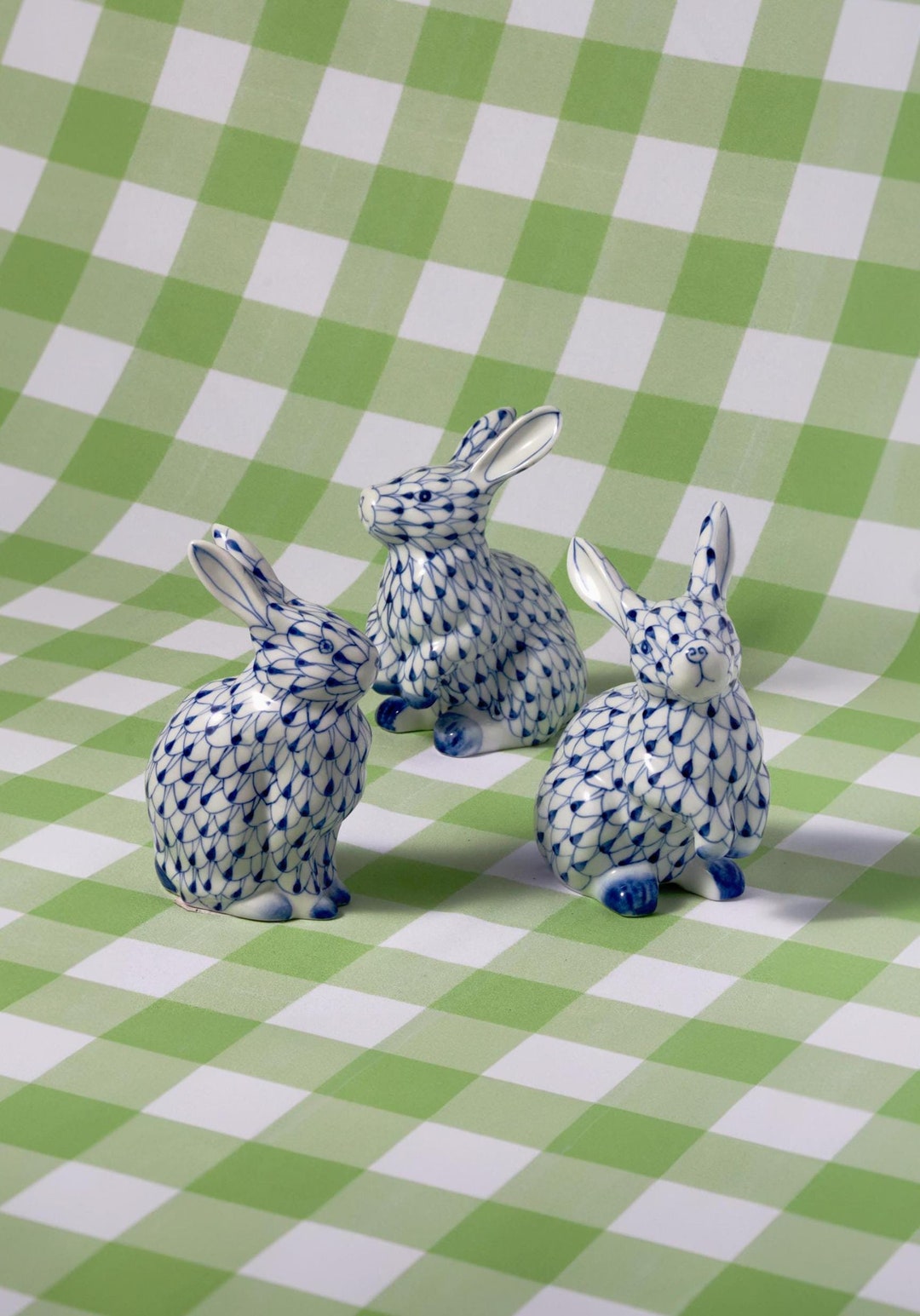 Vintage Trio of Handpainted Blue Fishnet Pattern Ceramic Bunny Rabbits ...