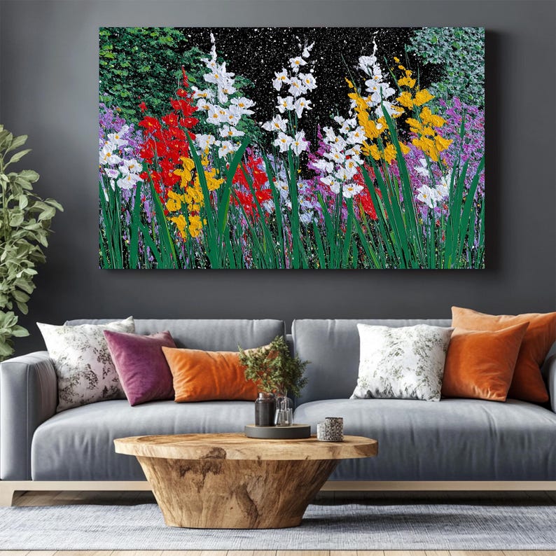Floral Landscape Tall Narrow Painting: Colorful Flower Field Print - Etsy
