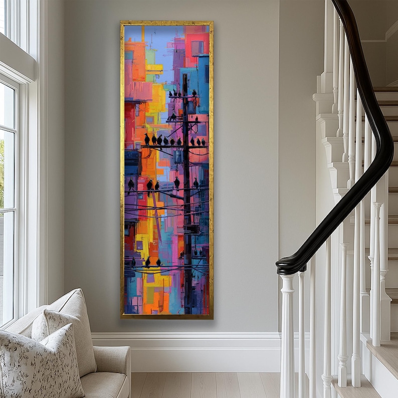 Birds on Wire Long Narrow Wall Art: Colorful Cityscape Print, Modern ...