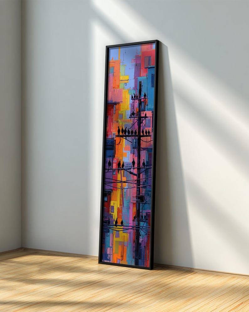 Birds on Wire Long Narrow Wall Art: Colorful Cityscape Print, Modern ...