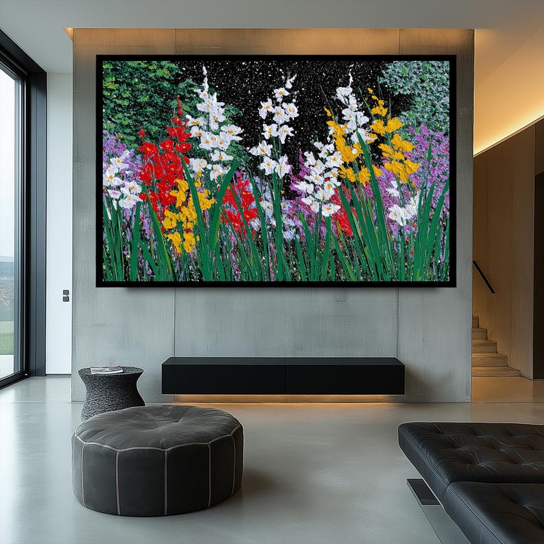 Floral Landscape Tall Narrow Painting: Colorful Flower Field Print - Etsy